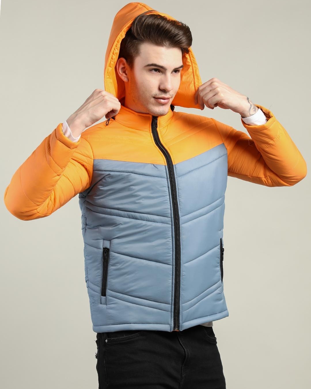 Buy Men's Orange and Blue Color Block Hooded Puffer Jacket for Men ...