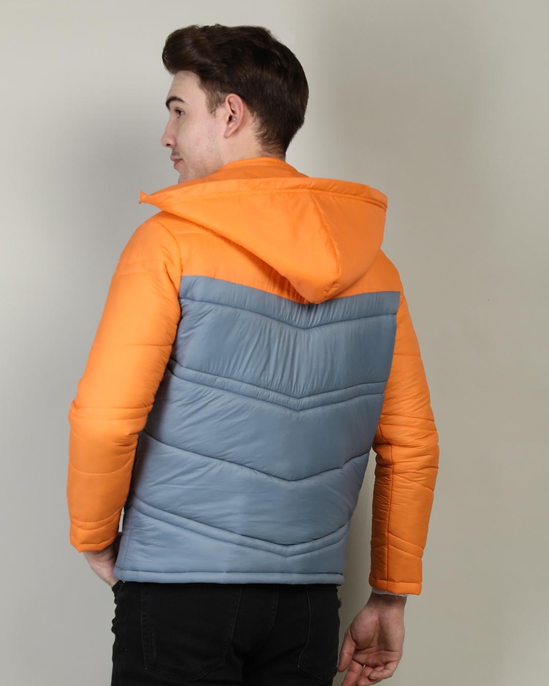 Buy Men's Orange and Blue Color Block Hooded Puffer Jacket for Men ...