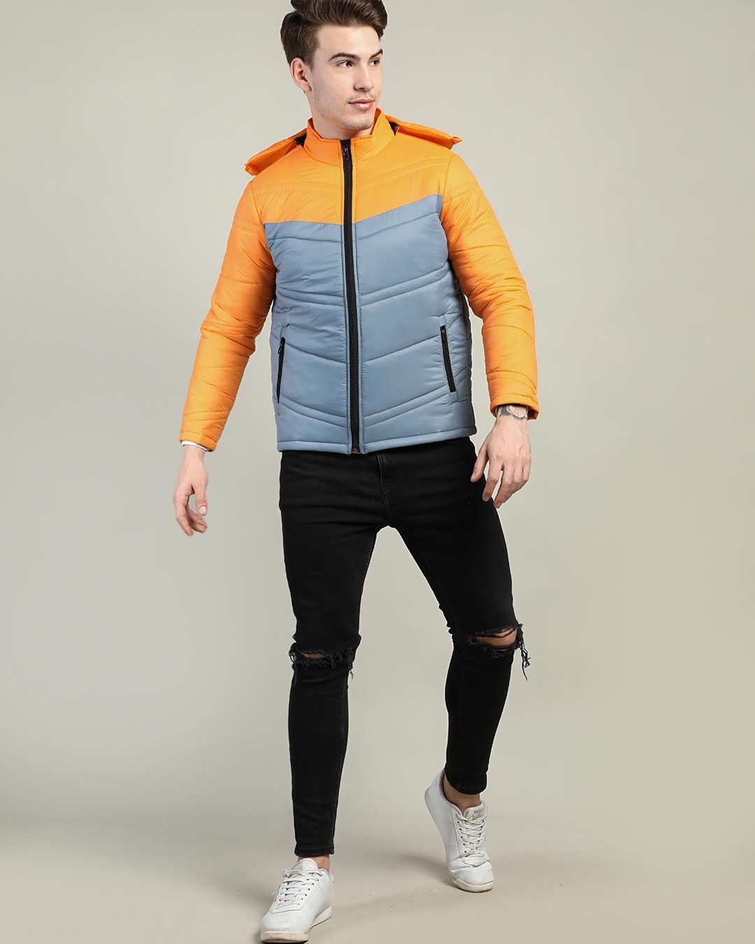Buy Men's Orange and Blue Color Block Hooded Puffer Jacket for Men ...