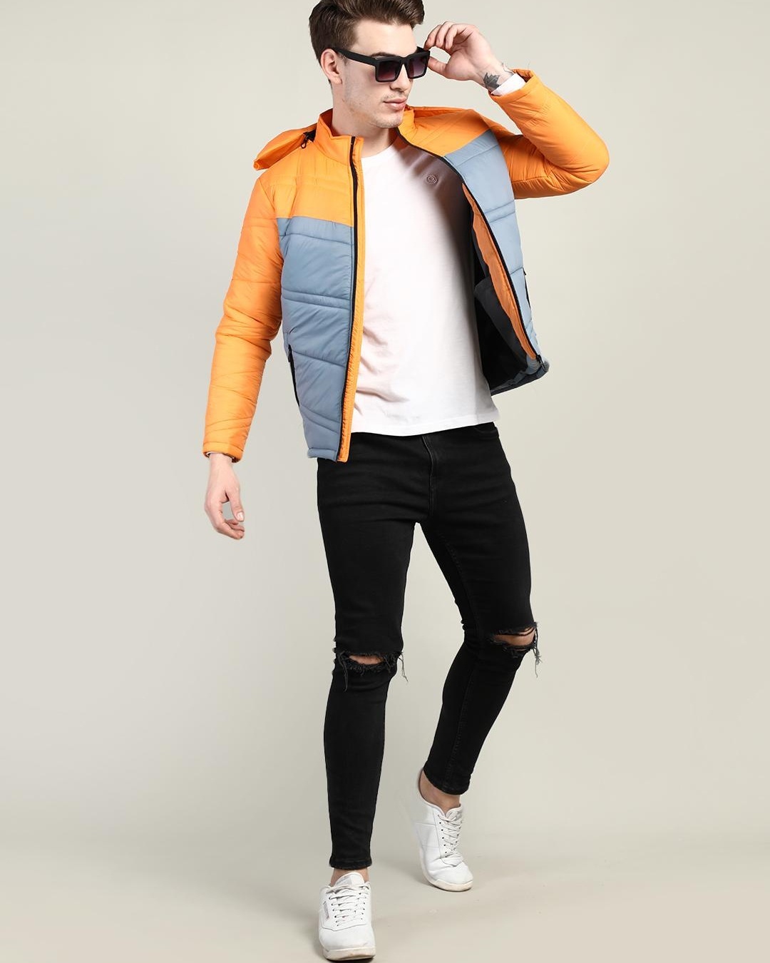 Buy Men's Orange and Blue Color Block Hooded Puffer Jacket for Men ...