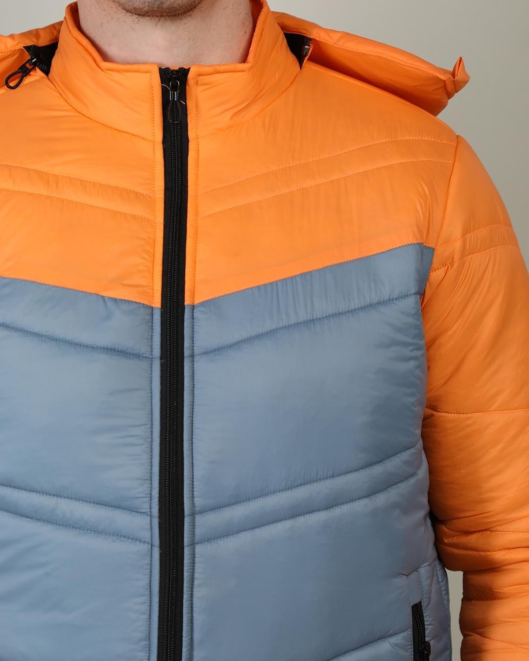Buy Men's Orange and Blue Color Block Hooded Puffer Jacket for Men ...