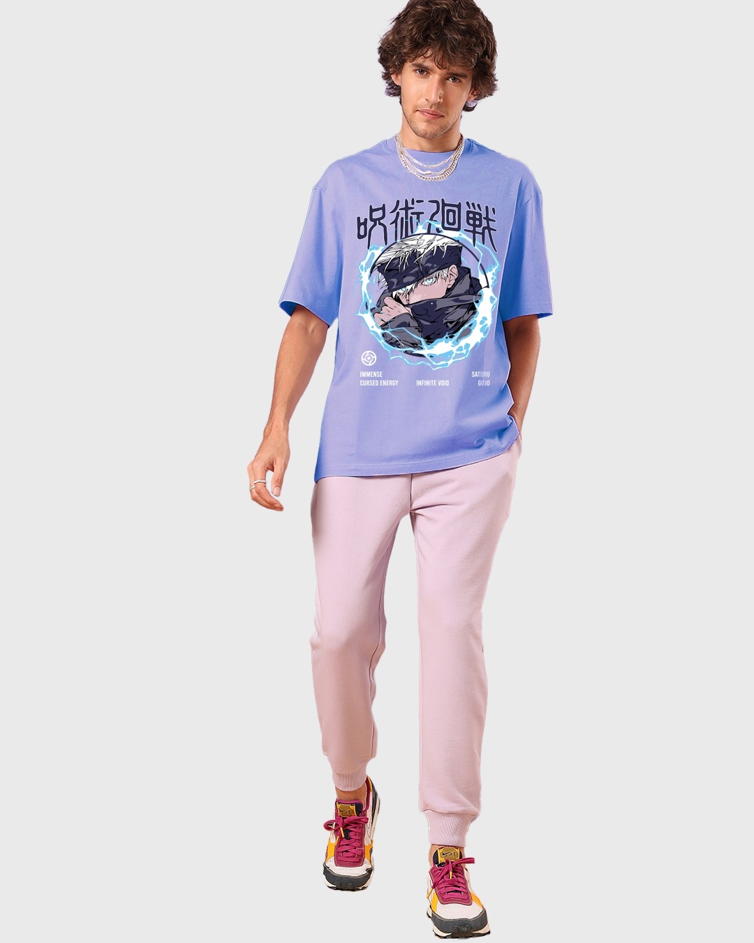 Buy Men's Baby Lavender Highschool Gojo Graphic Printed Oversized T ...