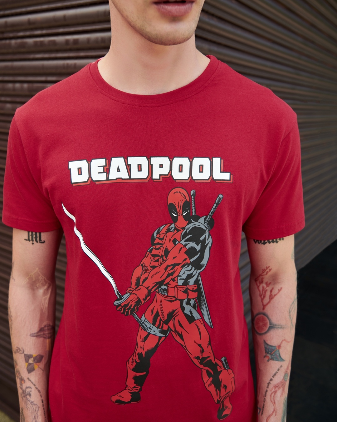Buy Men's Red Deadpool Sword Graphic Printed T-shirt Online at Bewakoof