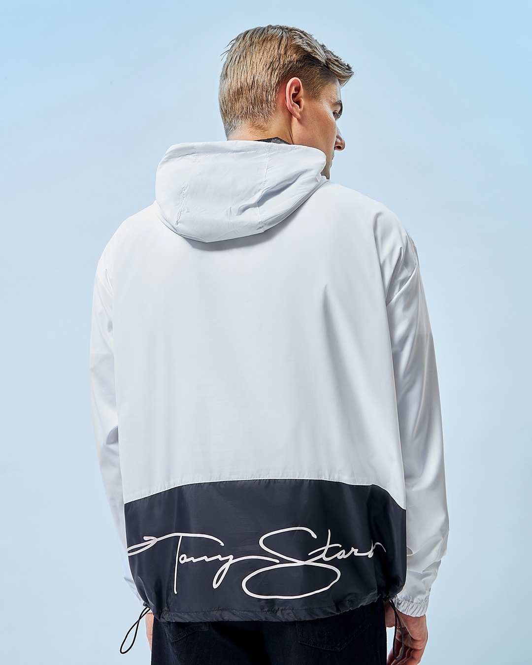 Buy Men's White Tony Stark Typography Oversized Windcheater Jacket ...