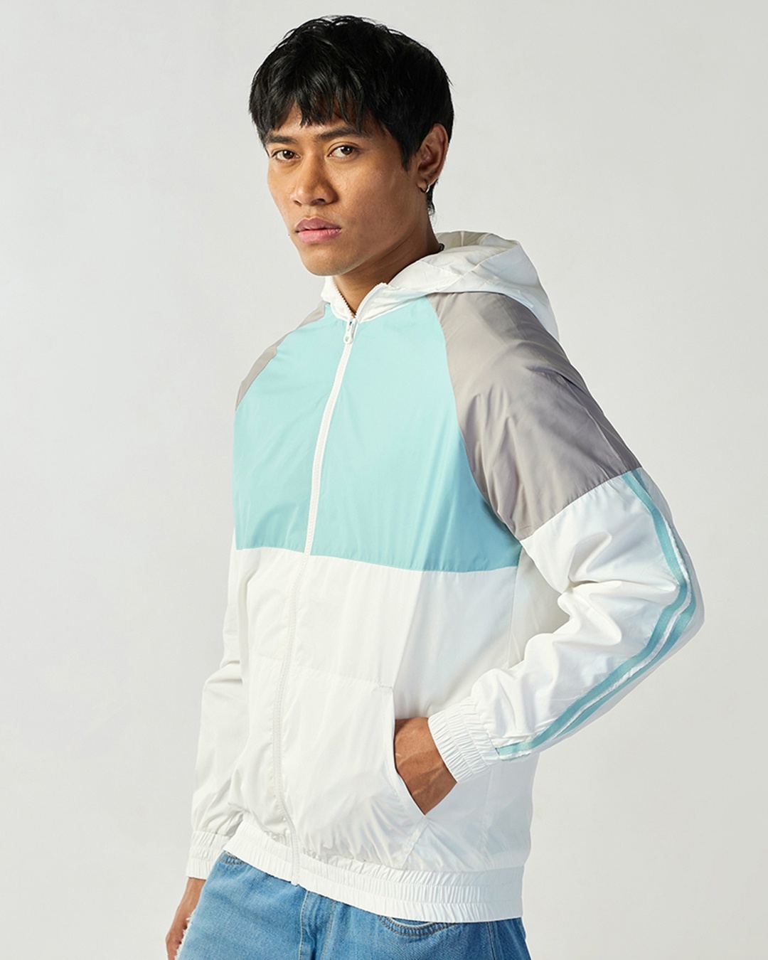 Buy Men's White & Grey Color Block Plus Size Windcheater Jacket Online ...