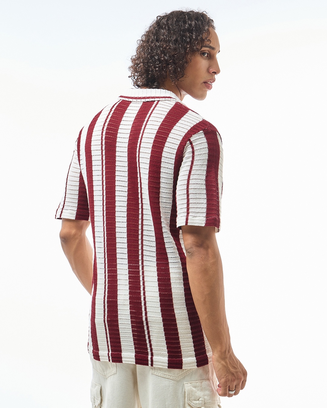 Buy Men's White & Maroon Striped Flatknit Shirt Online at Bewakoof