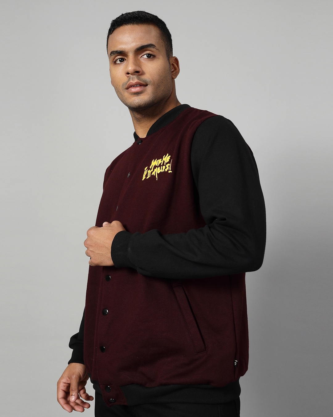 Buy Men's Wine Red & Black Graphic Printed Oversized Bomber Jacket ...