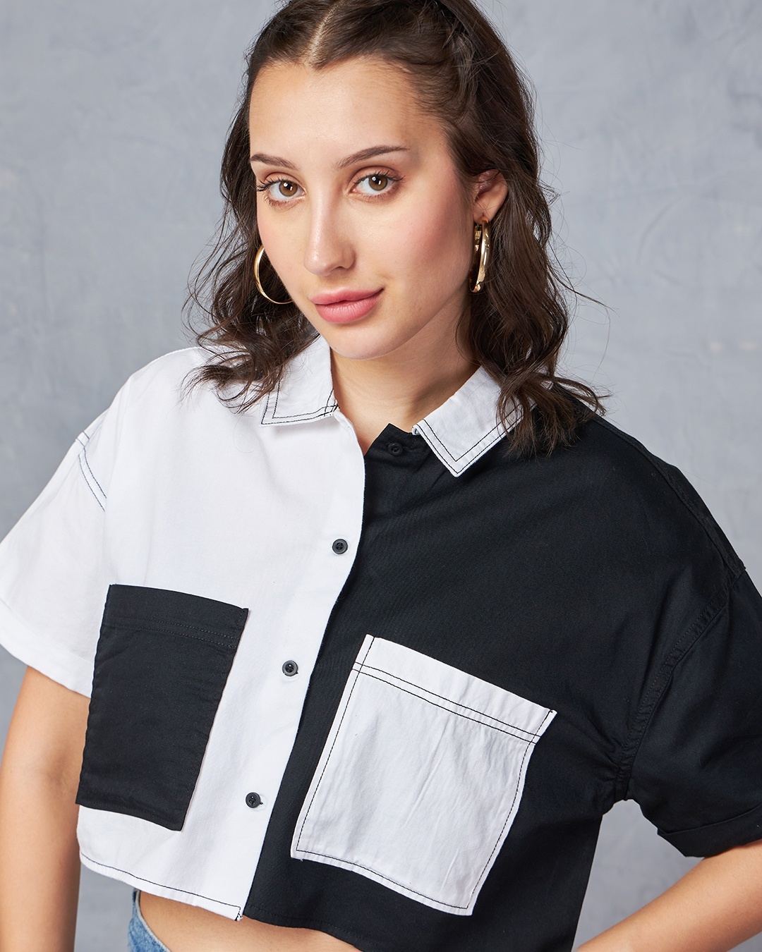 Buy Women's White & Black Color Block Oversized Cropped Shirt Online at ...