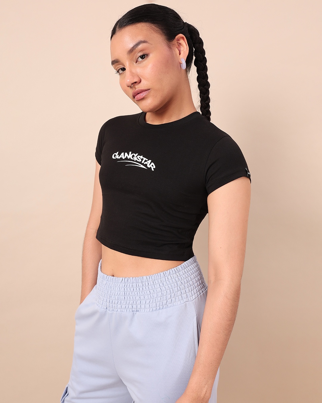 Buy Women's Black Gangstar Typography Slim Fit Short Top Online at Bewakoof