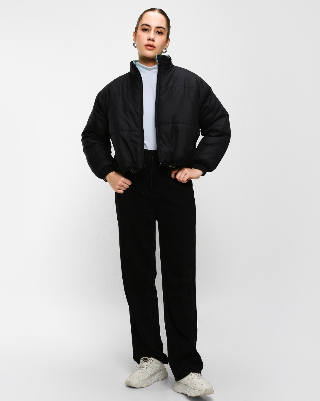 Buy Women's Black & Sage Reversible Super Loose Fit Puffer Jacket ...