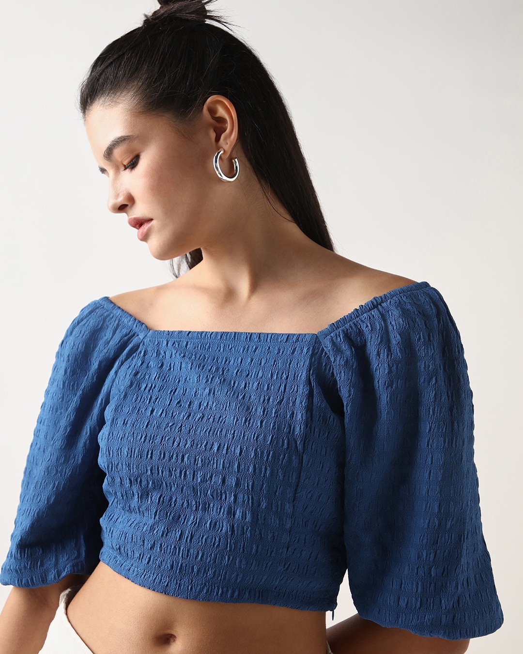 Buy Women's Blue Textured Short Top Online at Bewakoof