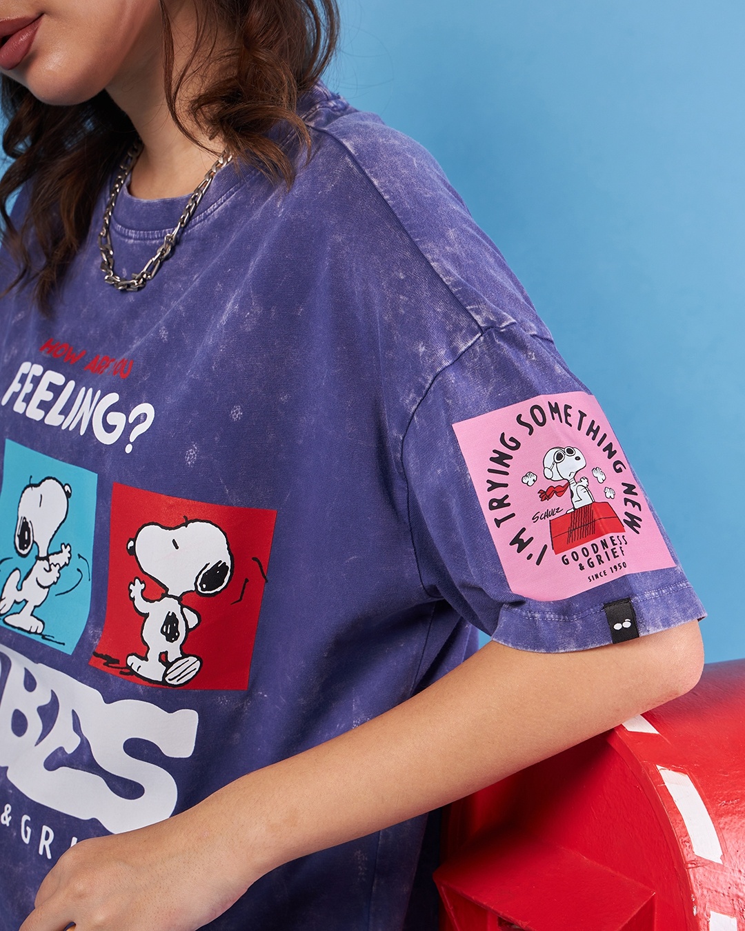 Buy Women's Blue Snoopy Vibes Graphic Printed Oversized Acid Wash T ...