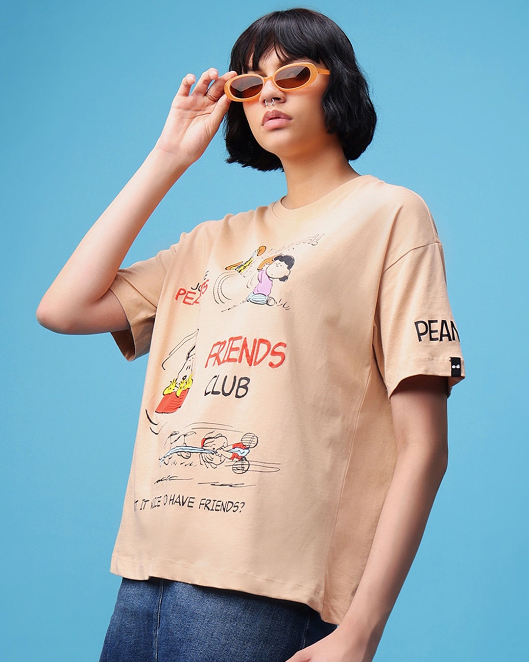 Buy Women's Brown Peanuts Friends Club Graphic Printed Oversized T ...