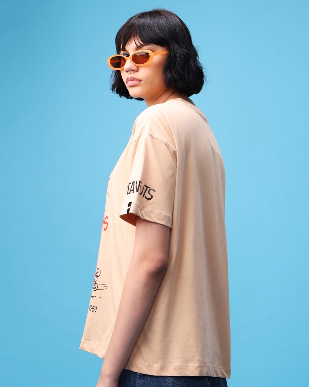 Buy Women's Brown Peanuts Friends Club Graphic Printed Oversized T ...