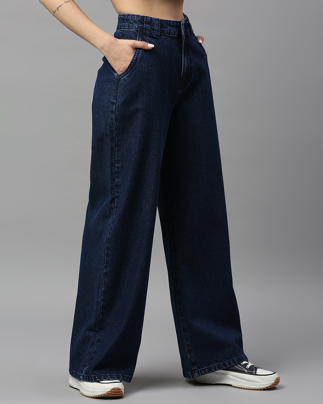 Buy Women's Dark Blue Wide Leg Jeans Online at Bewakoof