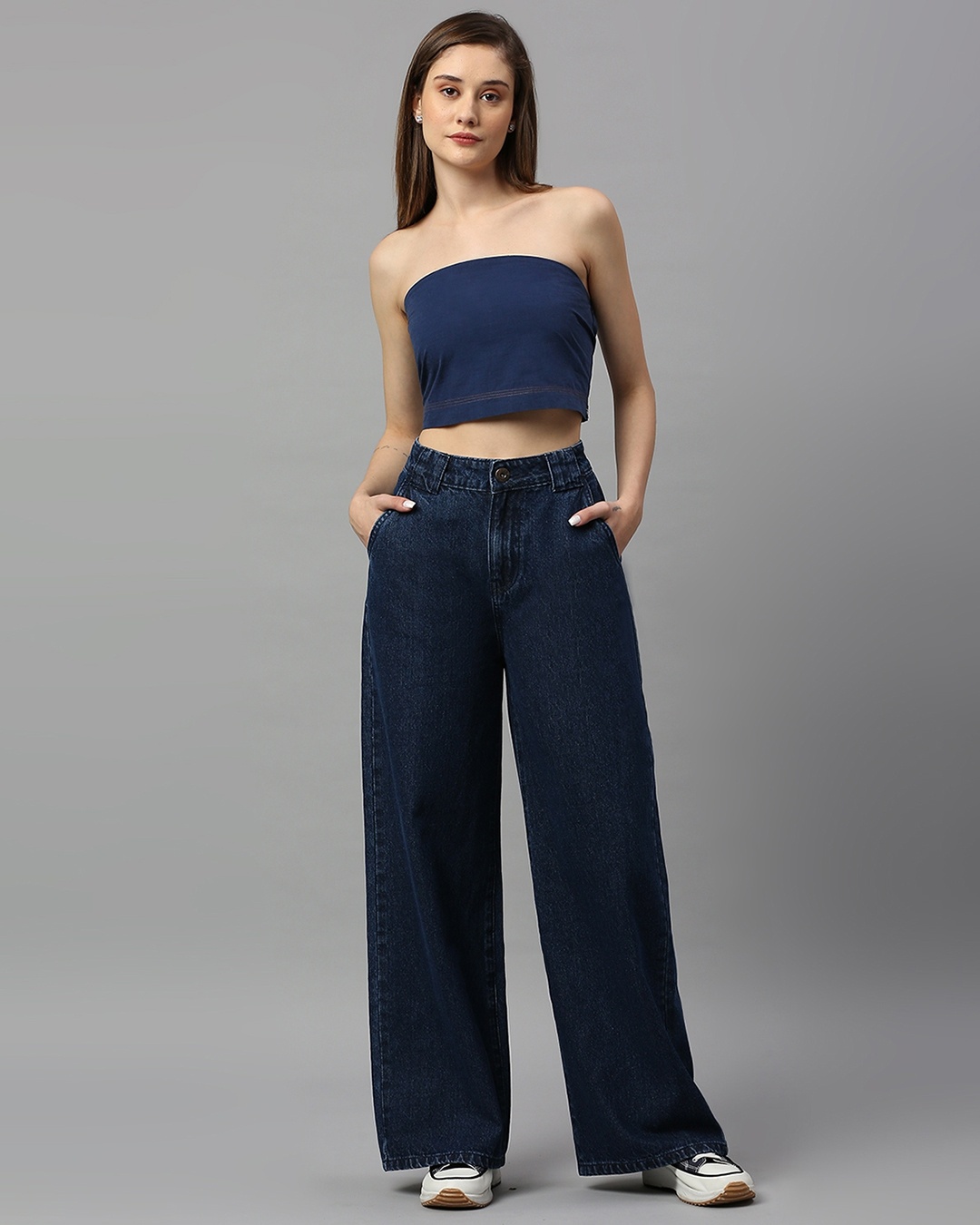 Buy Women's Dark Blue Wide Leg Jeans Online at Bewakoof