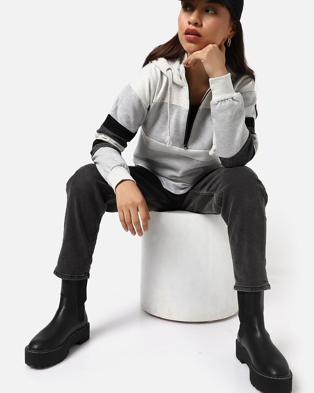 Buy Women's Grey and Black Color Block Hooded Sweatshirt for Women Grey ...