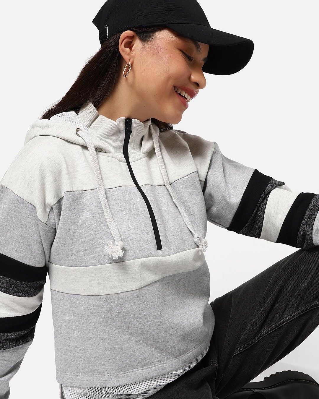 Buy Women's Grey and Black Color Block Hooded Sweatshirt for Women Grey ...