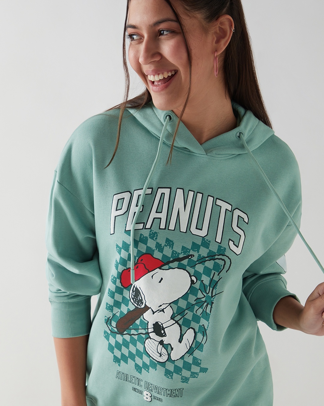 Buy Women's Cyan Peanuts Athletic Department Graphic Printed Oversized ...