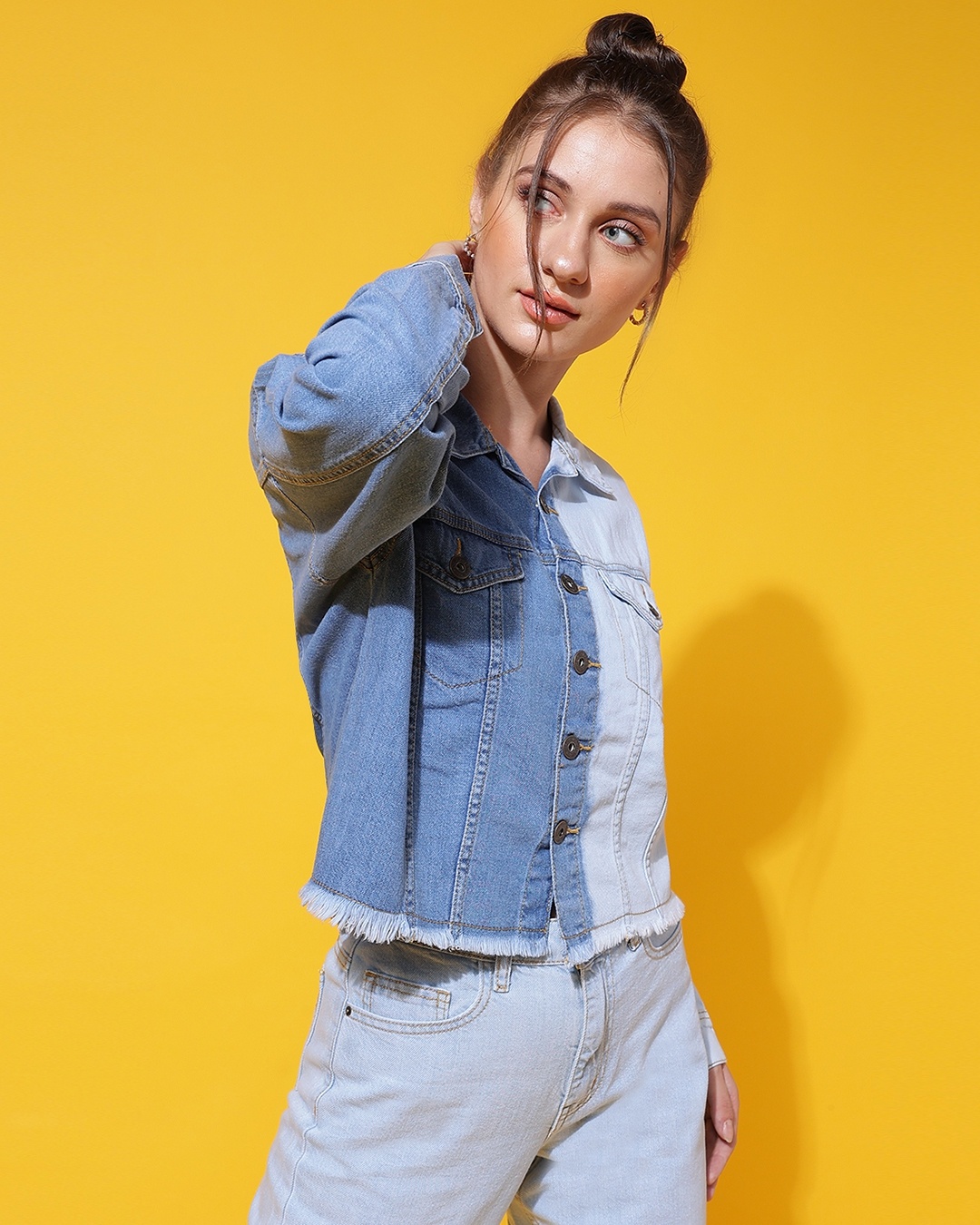 Buy Women's Light Blue Color Block Denim Jacket Online at Bewakoof