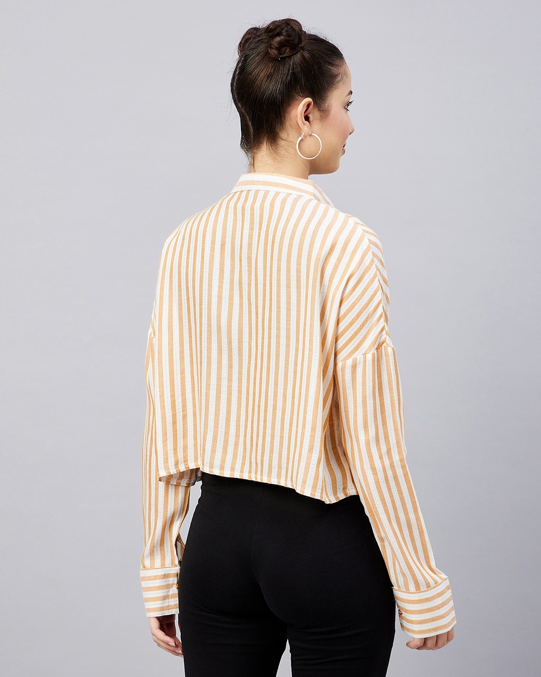 Buy Women's Mustart Yellow & White Striped Drop Shoulder Crop Shirt ...