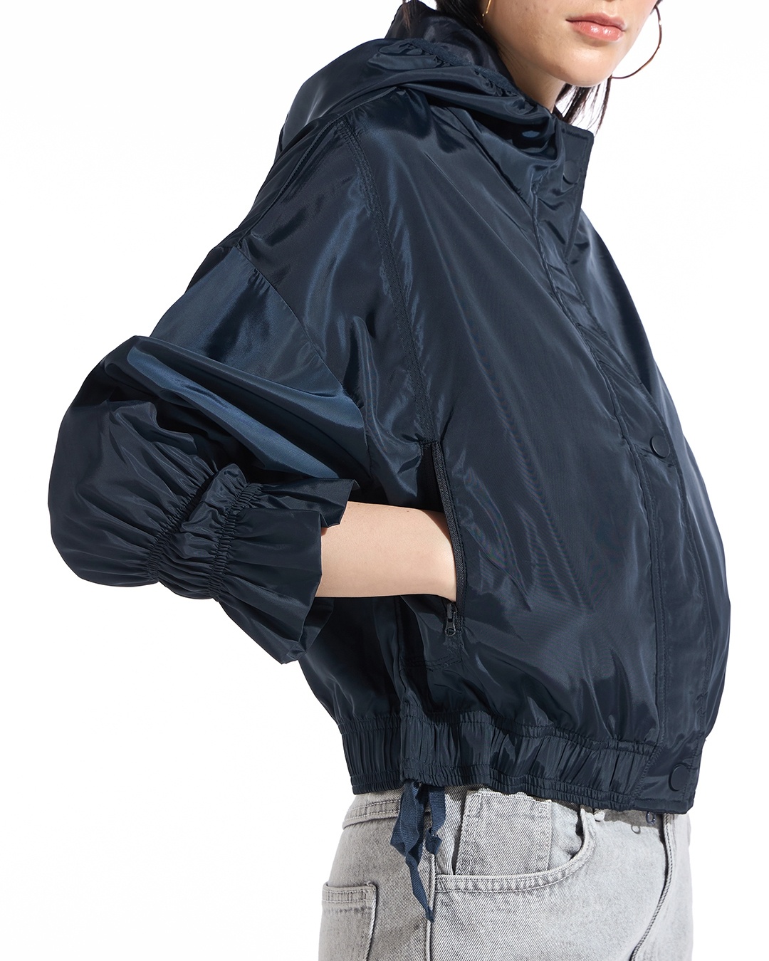 Buy Women's Navy Blue Oversized Hooded Windcheater Jacket Online at ...