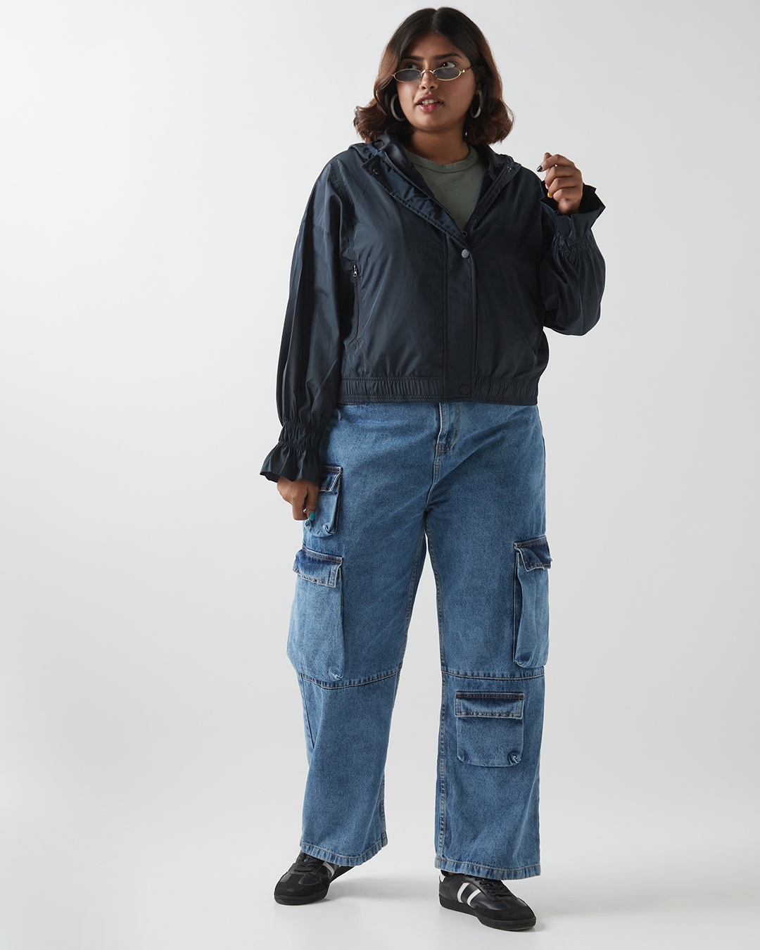 Buy Women's Navy Blue Oversized Plus Size Hooded Windcheater Jacket ...