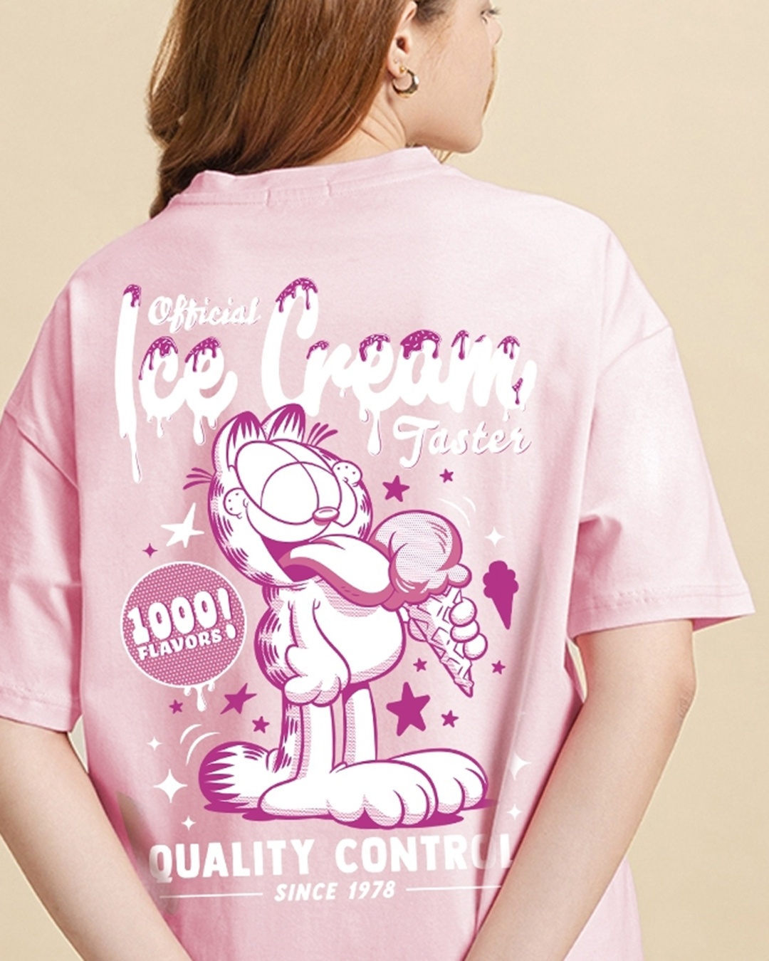 Buy Women's Pink Garfield's Icecream Graphic Printed Oversized T-shirt ...