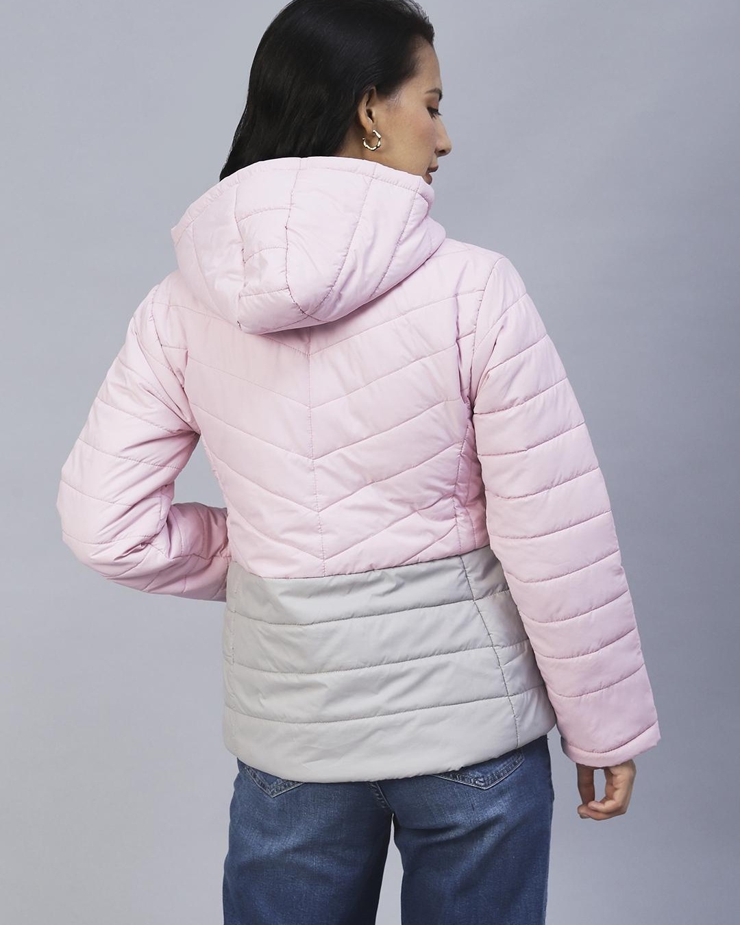 Buy Women's Pink & Grey Color Block Hooded Puffer Jacket for Women Pink ...