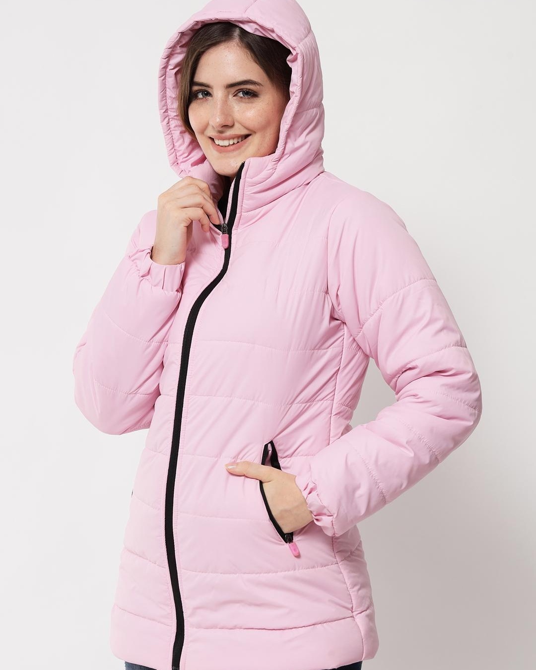Buy Women's Pink Hooded Puffer Jacket for Women Pink Online at Bewakoof