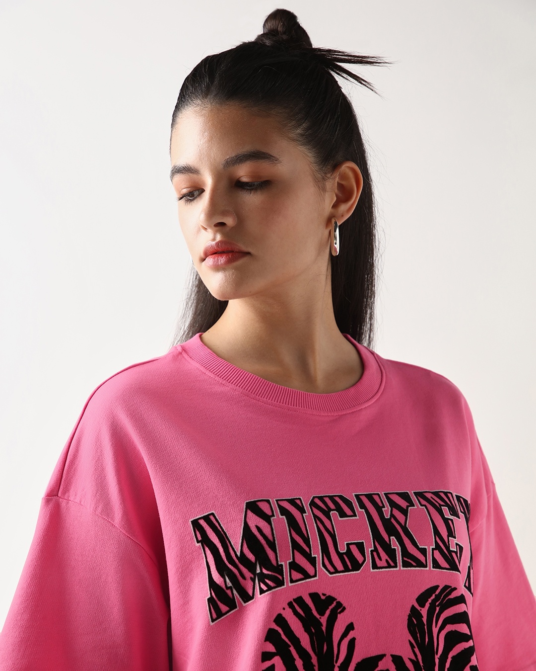 Buy Women's Pink Mickey Zebra Graphic Printed Oversized T-shirt Online ...