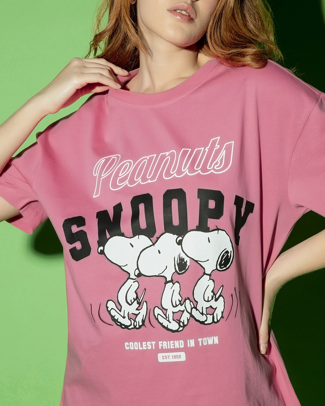 Buy Women's Pink Snoopy Illusion Graphic Printed Oversized T-shirt ...