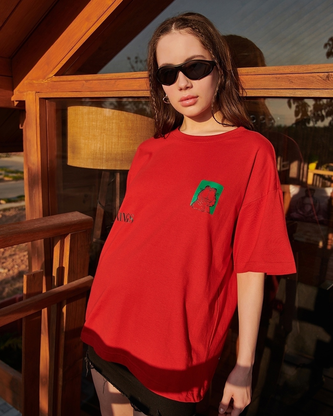 Buy Women's Red Garfield Hates Mornings Graphic Printed Oversized T ...