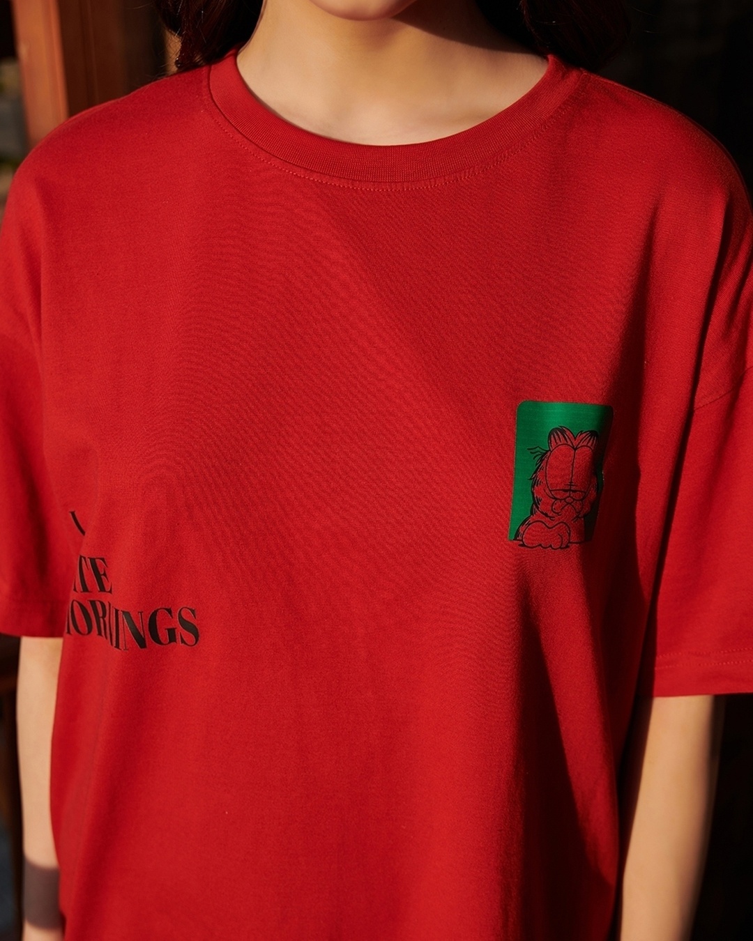 Buy Women's Red Garfield Hates Mornings Graphic Printed Oversized T ...