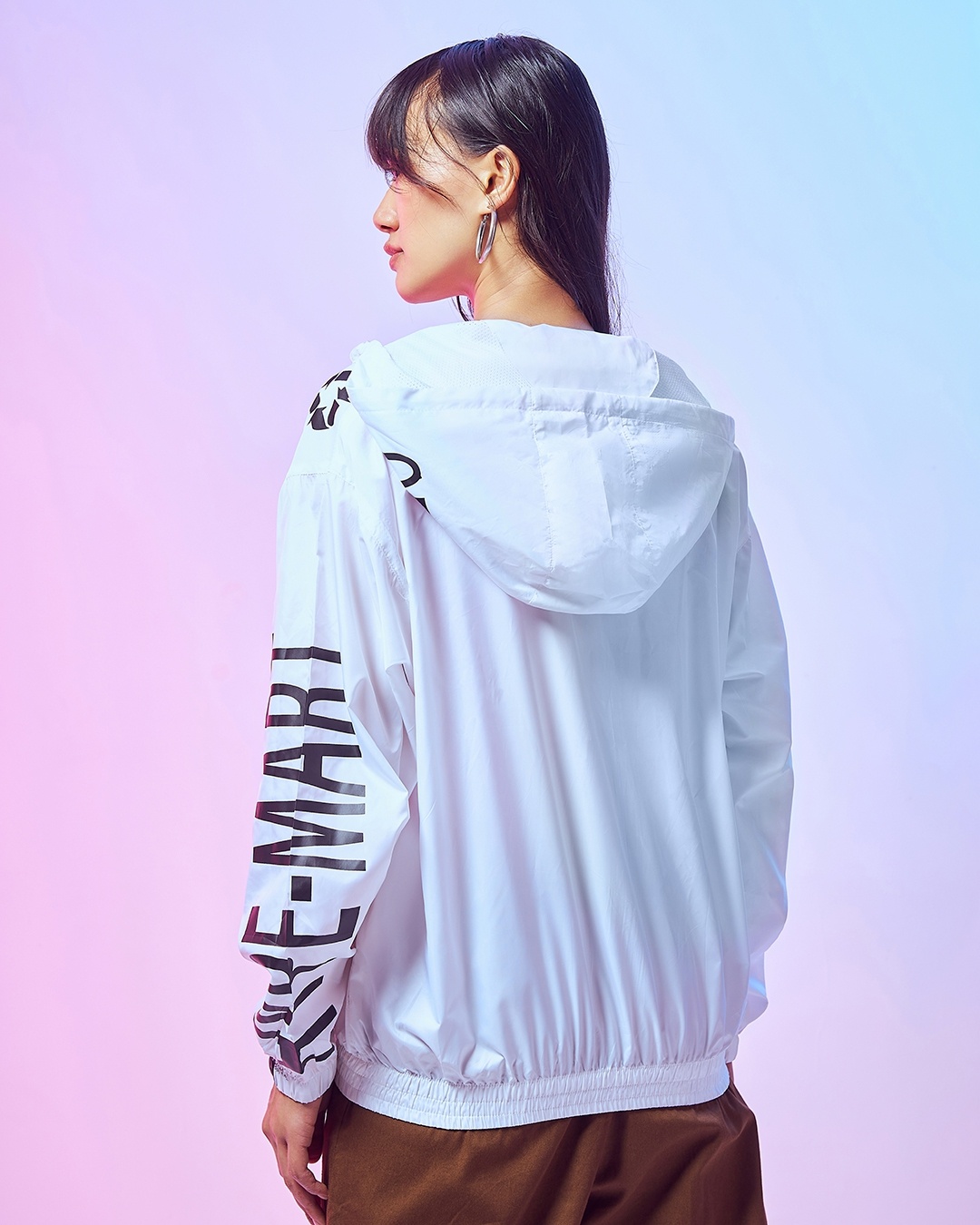 Buy Women's White Hype Mart Typography Oversized Windcheater Jacket ...