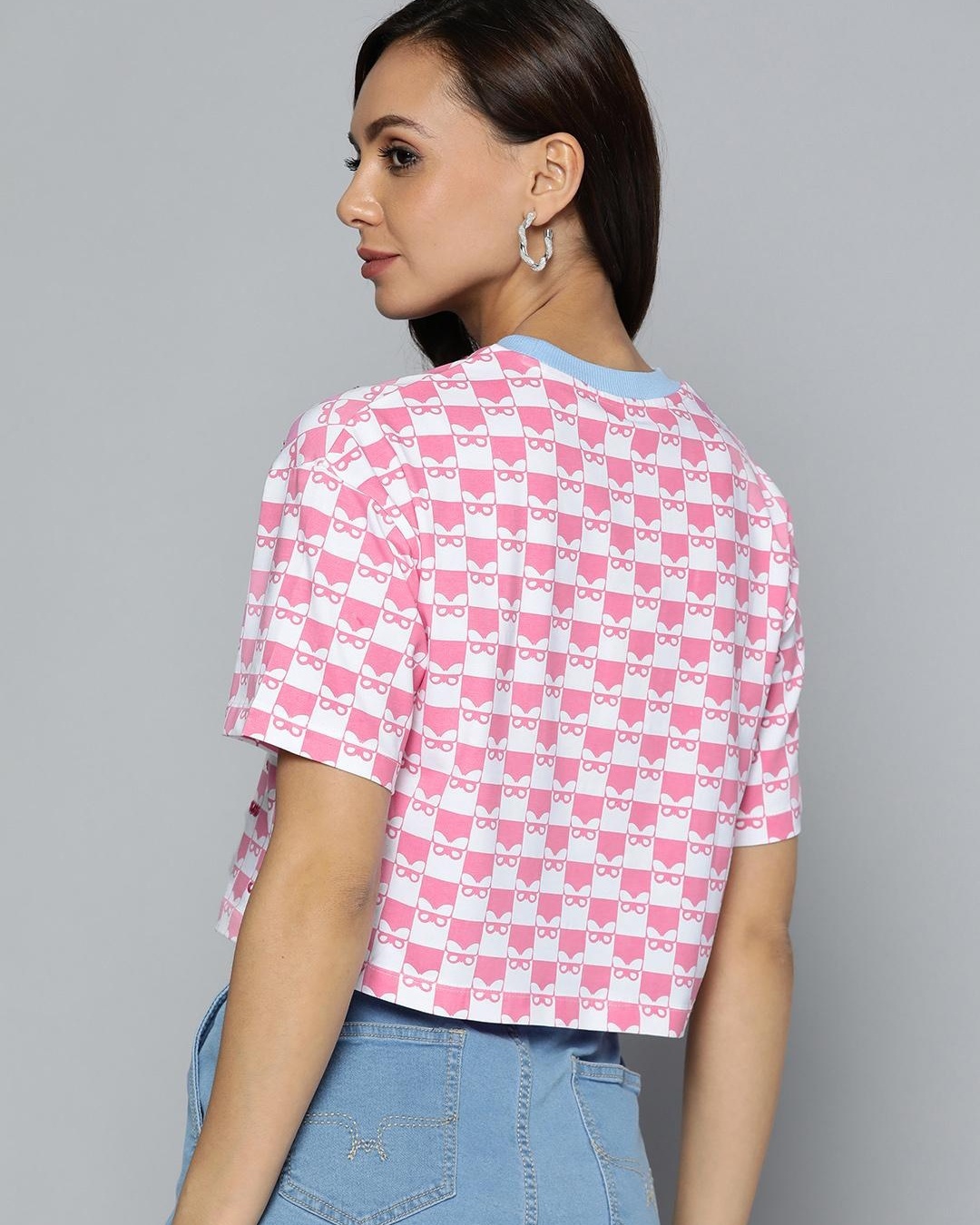 Buy Womens White And Pink All Over Printed Loose Fit Crop T Shirt For