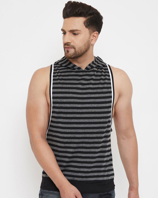 Buy Fugazee Charcoal and Black Stripped Hooded Stringer Vest for Men ...