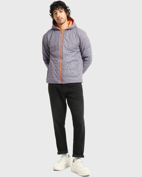 Buy Men's Dark Grey and Orange Reversible Oversized Puffer Jacket ...