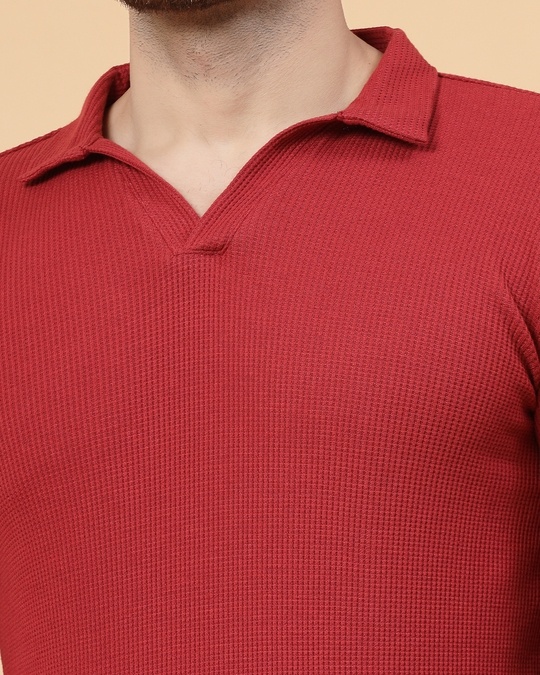 Buy Men's Red Waffle Knitted Polo T-Shirt Online at Bewakoof