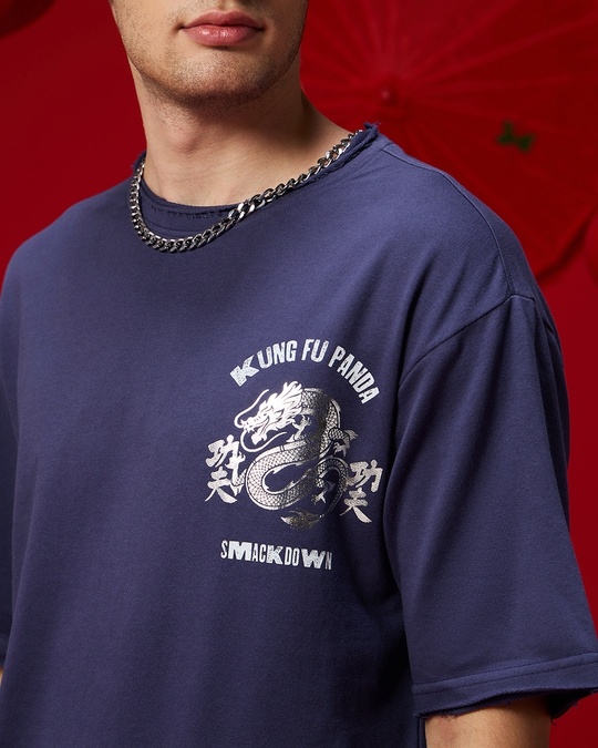 Buy Men's Skipper Blue Kungfu Smackdown Graphic Printed Oversized T ...