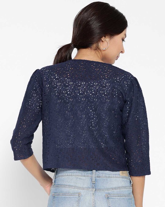 Buy Style Quotient Navy Lace Open Front Crop Shrug for Women blue ...