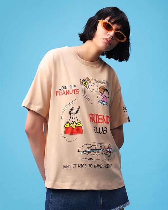 Buy Women's Brown Peanuts Friends Club Graphic Printed Oversized T ...