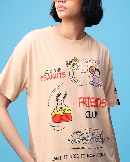Buy Women's Brown Peanuts Friends Club Graphic Printed Oversized T ...