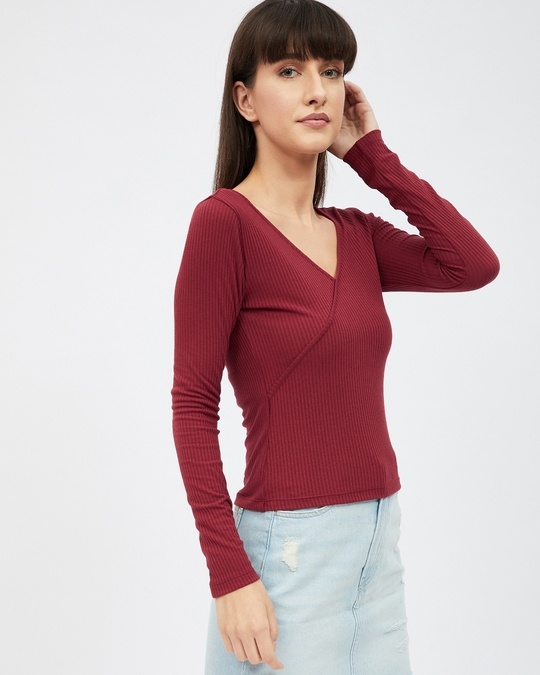 Buy Women's Maroon Ribbed Full Sleeve Top for Women Maroon Online at ...