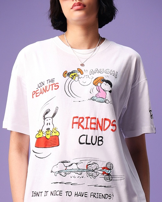 Buy Women's White Peanuts Friends Club Graphic Printed Oversized T ...