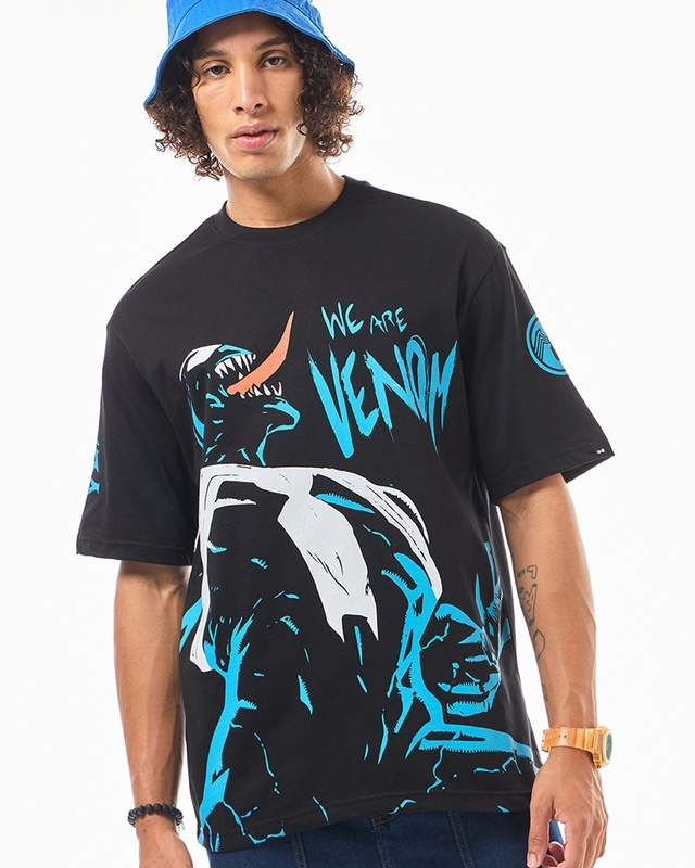Men's Black Venom Graphic Printed Oversized T-shirt-Front Bewakoof